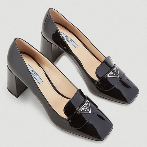 Prada | Shoes | Prada Black Patent Leather Block Heel Loafer Style ...